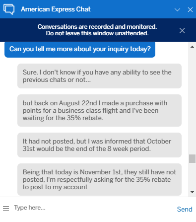 Amex Chat Screen Shot | No Mas Coach!